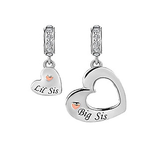 KunBead Womens Big Sister Little Sister Charms Rose Gold Heart Love Dangle Birthday Charm Compatible with Pandora Bracelet set for 2 for Bracelets