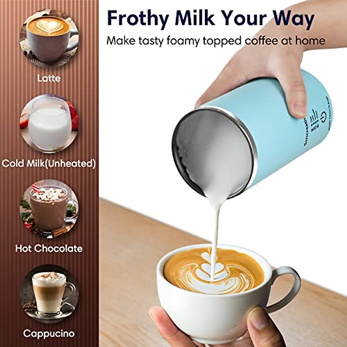 Single Serve Coffee Maker with Milk Frother, 2-In-1 Cappuccino Coffee Machine for K Cup Pod and Ground Coffee, Single Cup Brewer Compact Latte Maker with 30 oz Removable Tank, Blue