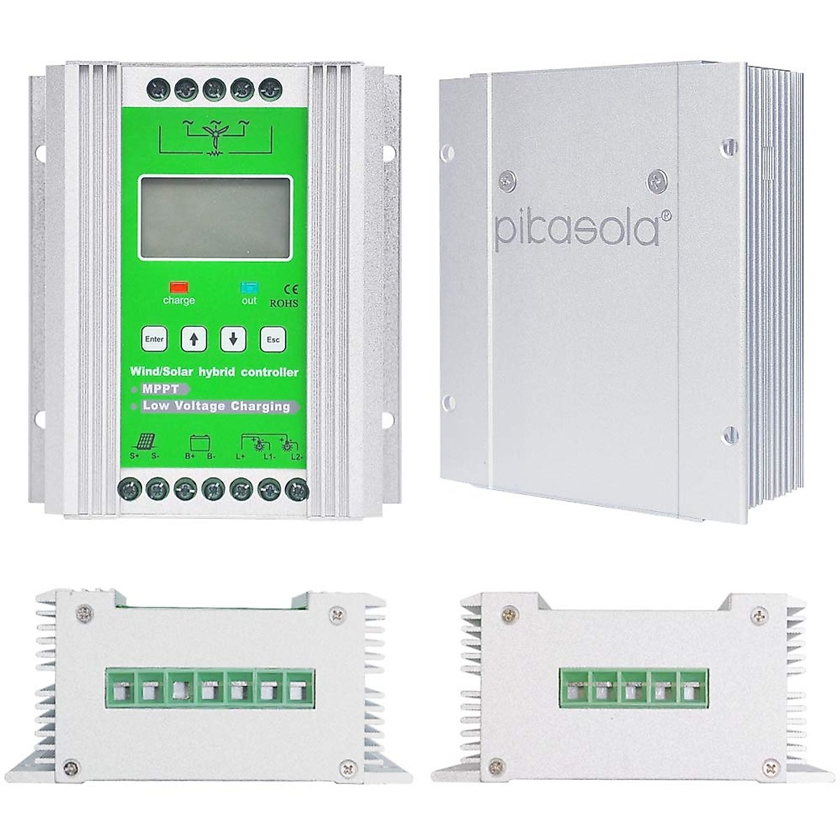 Pikasola 1400W 12/24v Battery Off Grid Controller Wind Turbine Solar Hybrid MPPT Charge Boost Controller with Unloader Suitable for 800w Wind Generator 600w Solar Panel System Controller