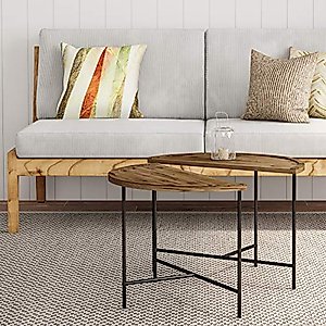 Lavish Home Half Moon Coffee Set of 2, Use Together or Separately as Side Tables, Modern Farmhouse Style, Rustic Wood Grain and Metal Legs, brown