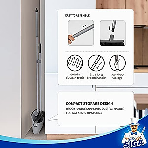 MR.SIGA Broom and Dustpan Set with Long Handle, Upright Broom and Dustpan Combo for Floor Cleaning, Lobby Broom with Adjustable Handle, Gray