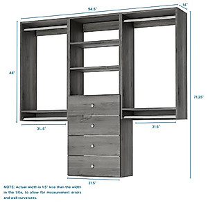 MC Modular Closets Closet Kit with Hanging Rods, Shelves & Drawers - Corner Closet System - Grey, 96 inches Wide