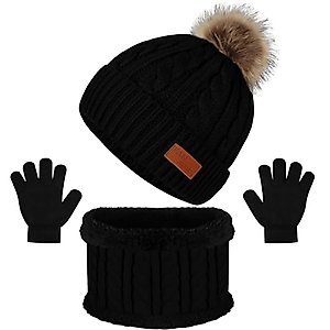 Kids Hat Scarf Gloves Set, Kids Winter Beanie Hat Scarf Gloves Set with Knit Thick Warm Fleece Lined for 3-6 Years Old