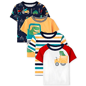 The Children's Place Baby Toddler Boys Short Sleeve Fashion Top, Allover Map Print/Pirate Ship/Stripes 3-Pack, 2T