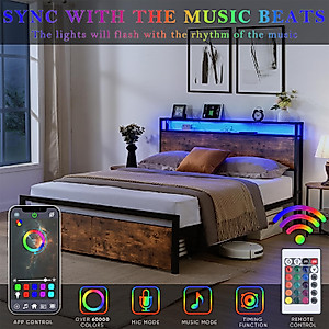 Queen Size Bed Frame,with Storage Headboard and 2 Drawers,LED Lights Bed with Charging Station,Metal Platform Bed No Noise, Mattress Foundation Strong Metal Slats Support No Box Spring Needed (Queen)