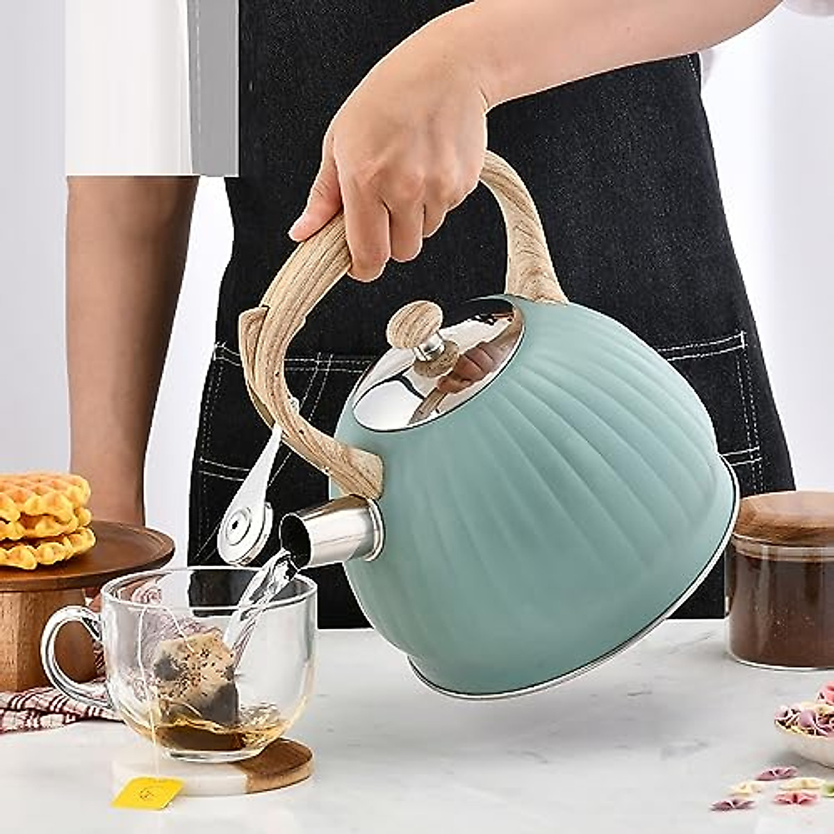 3.5L Tea Kettle, Toptier Teapot Whistling Kettle with Wood Pattern Handle Loud Whistle,Food Grade Stainless Steel for Anti-Rust, Anti Hot Handle, Suitable for All Heat Sources▂20 * 23.5cm/7.78"*9.25"