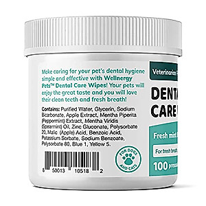 Wellnergy Pets Dental Wipes for Dogs and Cats - No Brush Formula; Improve Oral Hygiene and Health; Freshen Breath; Fresh Mint Flavor. 100 Wipes.