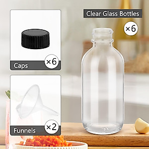 Rionisor 4OZ Small Glass Bottles with Lids and Funnels, 120ml Boston Round Glass Bottles, Leak Proof Mini Travel Bottles, Perfect for Diy Essential Oils, Hot Sauce and Juices, 6 Pack Clear