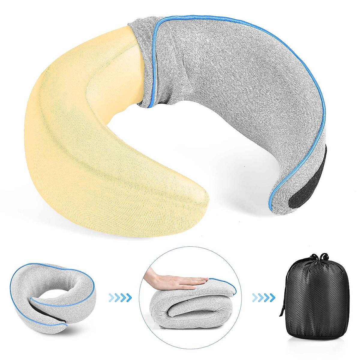 Cozary Travel Neck Pillow Portable Soft Memory Foam Neck Support Travel Pillow U Shape Supportive Adjustable Neck Pillows with Skin Friendly Breathable Cover for Travel Office Car Bus Plane Grey