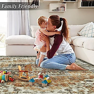 Zacoo Boho Area Rug 5x7 Washable Rug Vintage Soft Distressed Print Carpet Oriental Non-Slip Stain Resistant Low-Pile Throw Thin Bedroom Rugs for Living Room Dining Room Brown/Grey