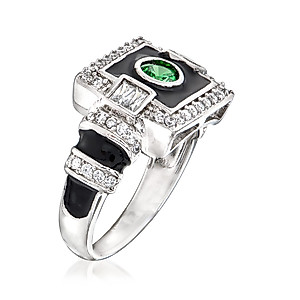 Ross-Simons 0.23 Carat Simulated Emerald and .65 ct. t.w. CZ Art Deco-Style Ring With Black Enamel in Sterling Silver. Size 8