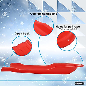 Superio Toboggan Snow Sled- 46” Plastic Open Back Sled for Kids and Adults- Heavy Duty Sled with Hole for Pull Ropes (Ropes Excluded) for Downhill Sledding, Winter Outdoor Sports, (Red-Black)