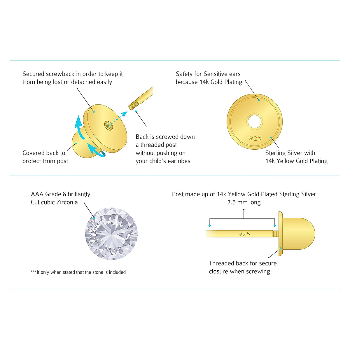 14k Gold Plated Brass Plain Star Screwback Baby Girls Earrings with Sterling Silver Post