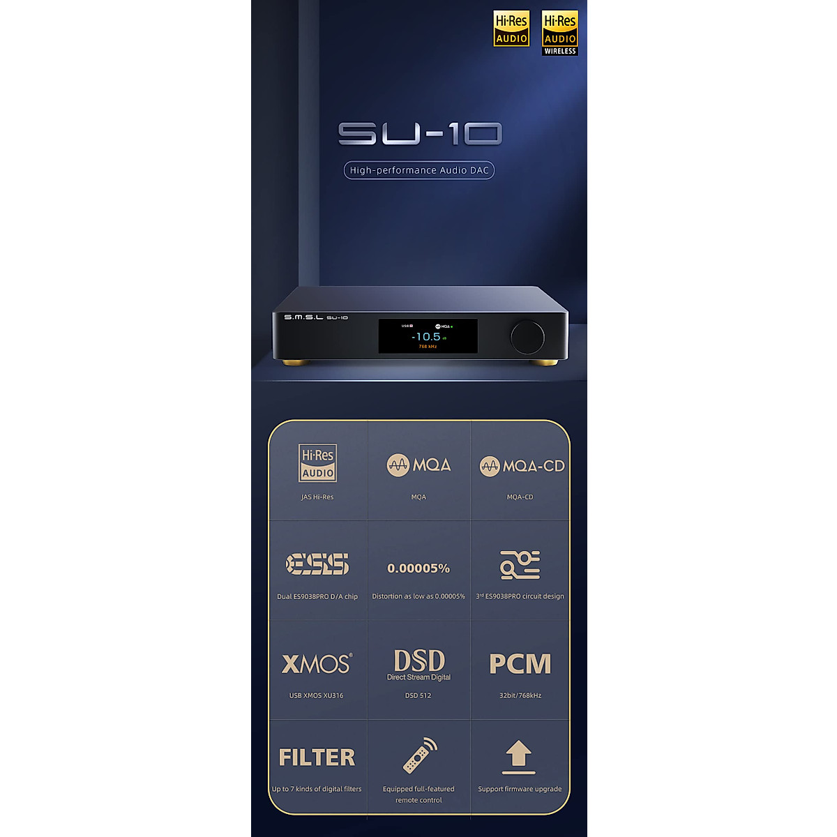 S.M.S.L SU-10 MQA Decoder Dual ES9038PRO Support MQA-CD High-Performance Audio DAC 32Bit/768kHz DSD512 Hi-Res Audio Support LDAC,Aptx/HD,SBC,AAC