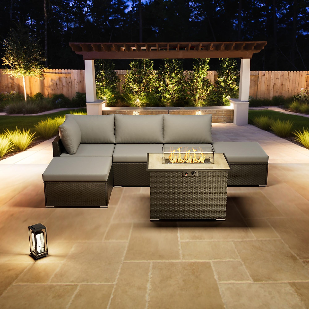 Dineli Patio Furniture Set Sofa Outdoor Furniture Set Sectional Couch Fire Pit Table Balcony Furniture Patio Table and Chairs Set with Propane Fire Pit (Light Gray, 6 pcs/firepit Table)