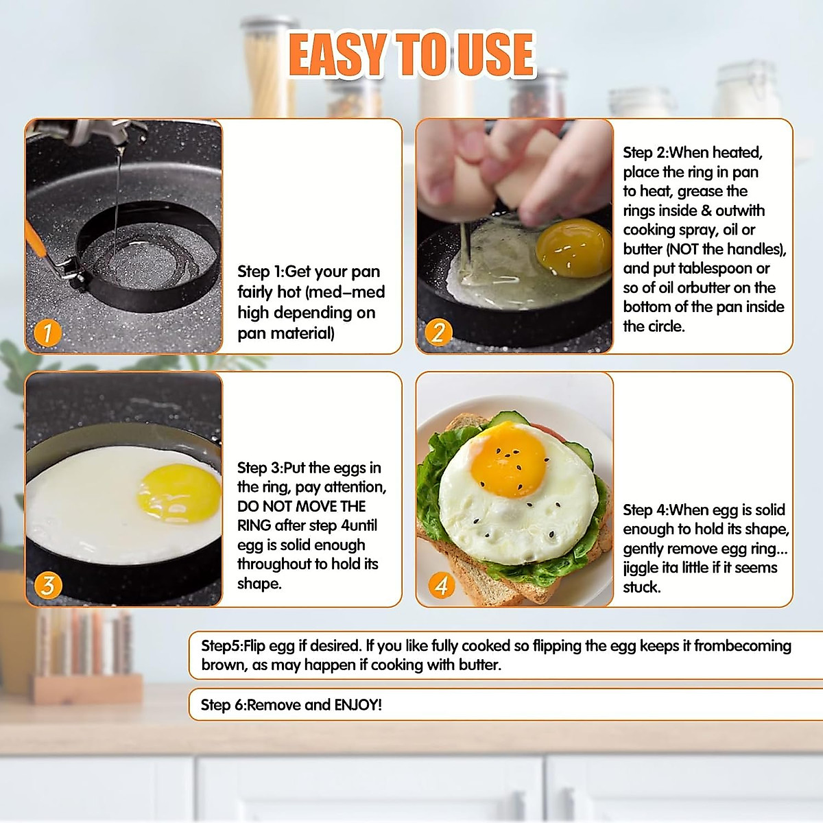 Srinlon Professional Pancake Ring Set,6 Packs Omelette Ring,Non-stick Griddle Pancake Shapers with Oil Brush,Stainless Fried Egg Molds with Orange Anti-scald Silicone Handle,Egg Mold