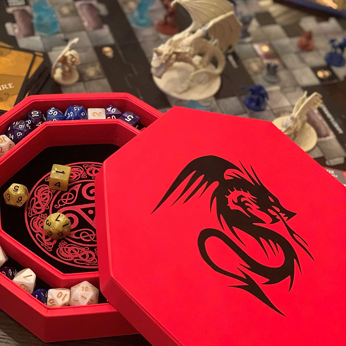 Luck Lab 8 Inch Dice Tray – Red - with Lid and Dice Staging Area for RPG Table Top Gaming- Dragon Design