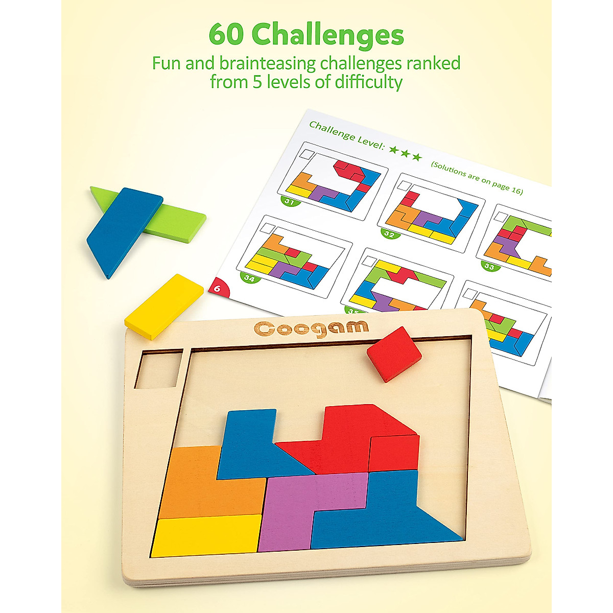 Coogam Wooden Puzzle Blocks Geometric Tangram Brain Teasers Jigsaw 3D Logic IQ Game Colorful Shape Pattern Montessori STEM Educational Toys Gift 60 Challenges for All Age