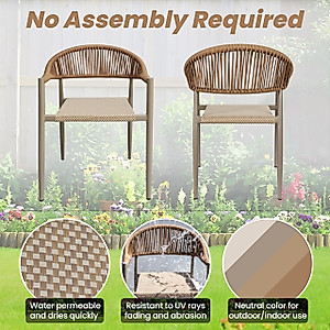 Erotr 4 Pcs Aluminum Patio Chairs, Stackable Rattan Patio Dining Chair with Arms, Woven Rope Outdoor Dining Armchair Metal Assembled for Bistro Garden Balcony Dining Room Cafe Restaurant, Light Brown