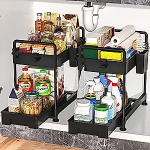 SOYO Under Sink Organizers and Storage 2 Pack, Bathroom Organizer Under Cabinet Storage, Undersink Sliding Basket Drawer for Kitchen Organization, Pull Out Shelf with Handles, Hanging Cups, Black