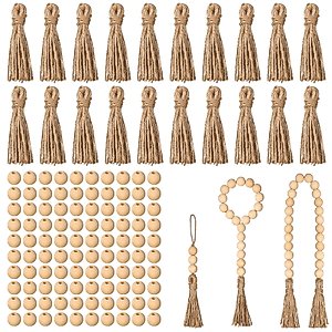 Unittype 20 Pieces Jute Rope Tassels with 100 Wood Beads for Hemp Rope Burlap Tassels Christmas Tree Rope Tassels DIY Wood Bead Garland Projects Decorations Wall Hanging Decor
