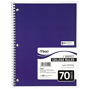 Mead 05512 Spiral Notebook, College Ruled 7.5" x 10.5" 70 Sheets, 1 Subject, 6 Pack, Colors May vary