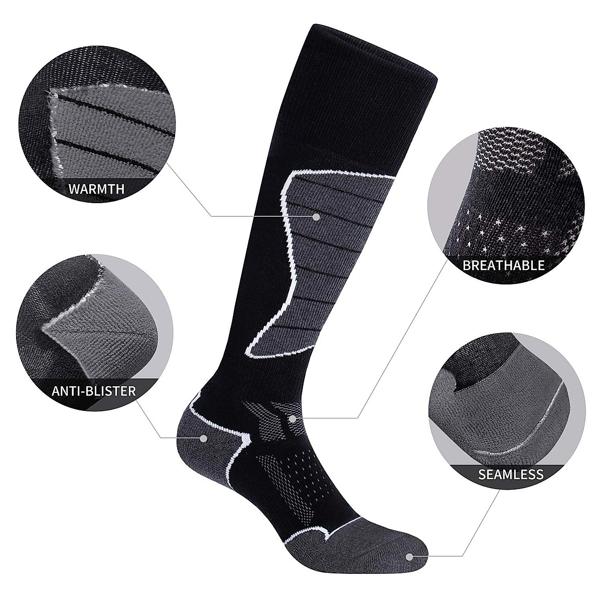 CelerSport 2 Pack Women's Ski Socks for Skiing, Snowboarding, Cold Weather, Warm Thermal Socks Winter Performance Socks, Black+Dark Grey, Medium