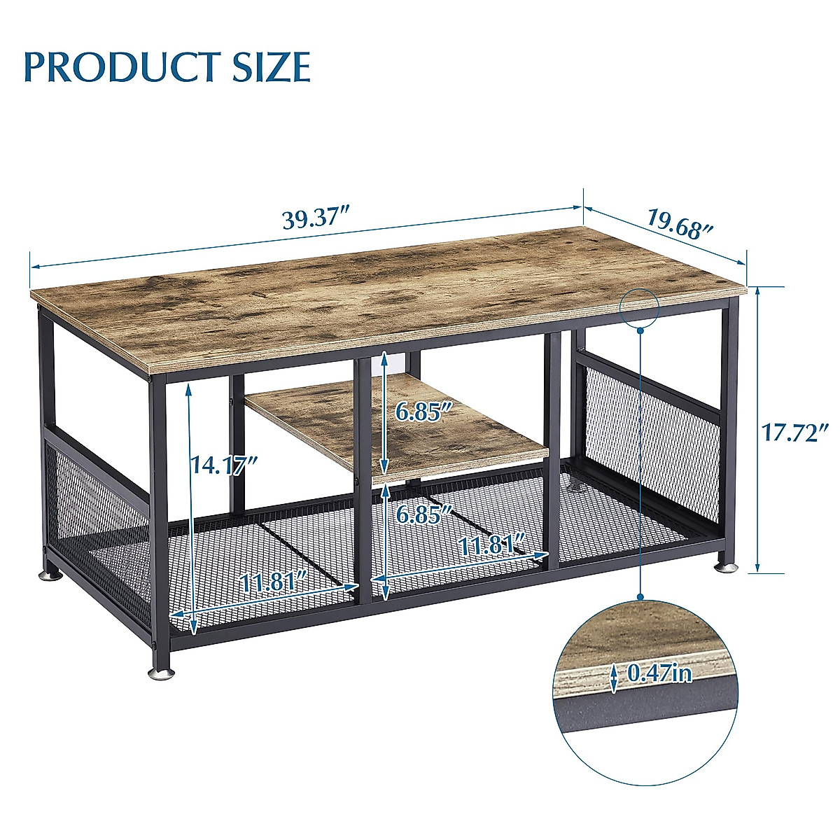 VECELO Coffee Center Table with Storage for Living Room Office Reception, Industrial Mesh Shelf, 39.4 Inch, Grey