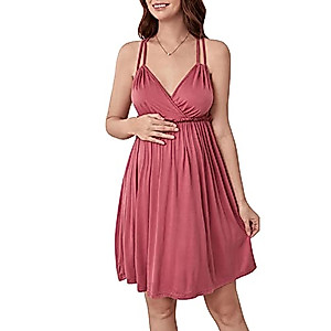 Verdusa Women's Maternity Crisscross Backless V Neck Loungewear Night Dress Watermelon Pink L