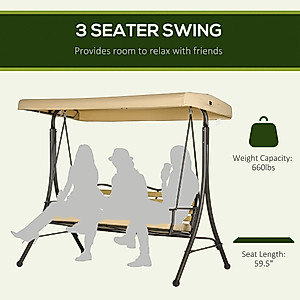 Outsunny 3-Seat Patio Swing Chair, Porch Swing Glider with Seat Cushion, Adjustable Canopy, Weather Resistant Steel Frame, for Porch, Garden, Poolside, Backyard, Beige