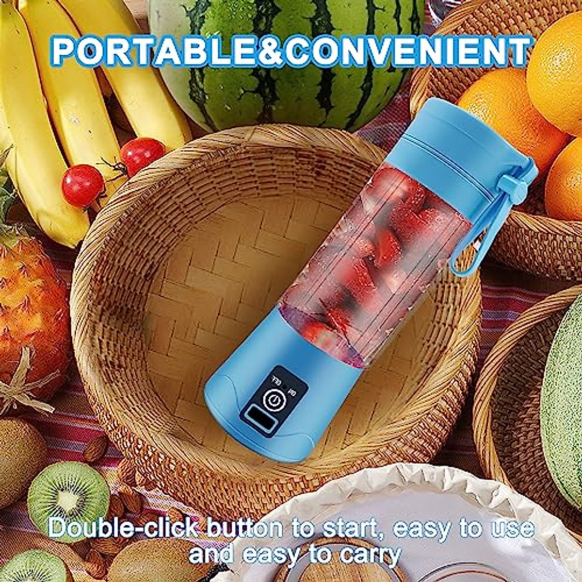 Portable Blender,Personal Blender for Shakes and Smoothies,Personal Size Blenders with USB Rechargeable Mini Fruit Juice Mixer, Mini Juicer Smoothie Blender Bottles Travel 380ML,Blue