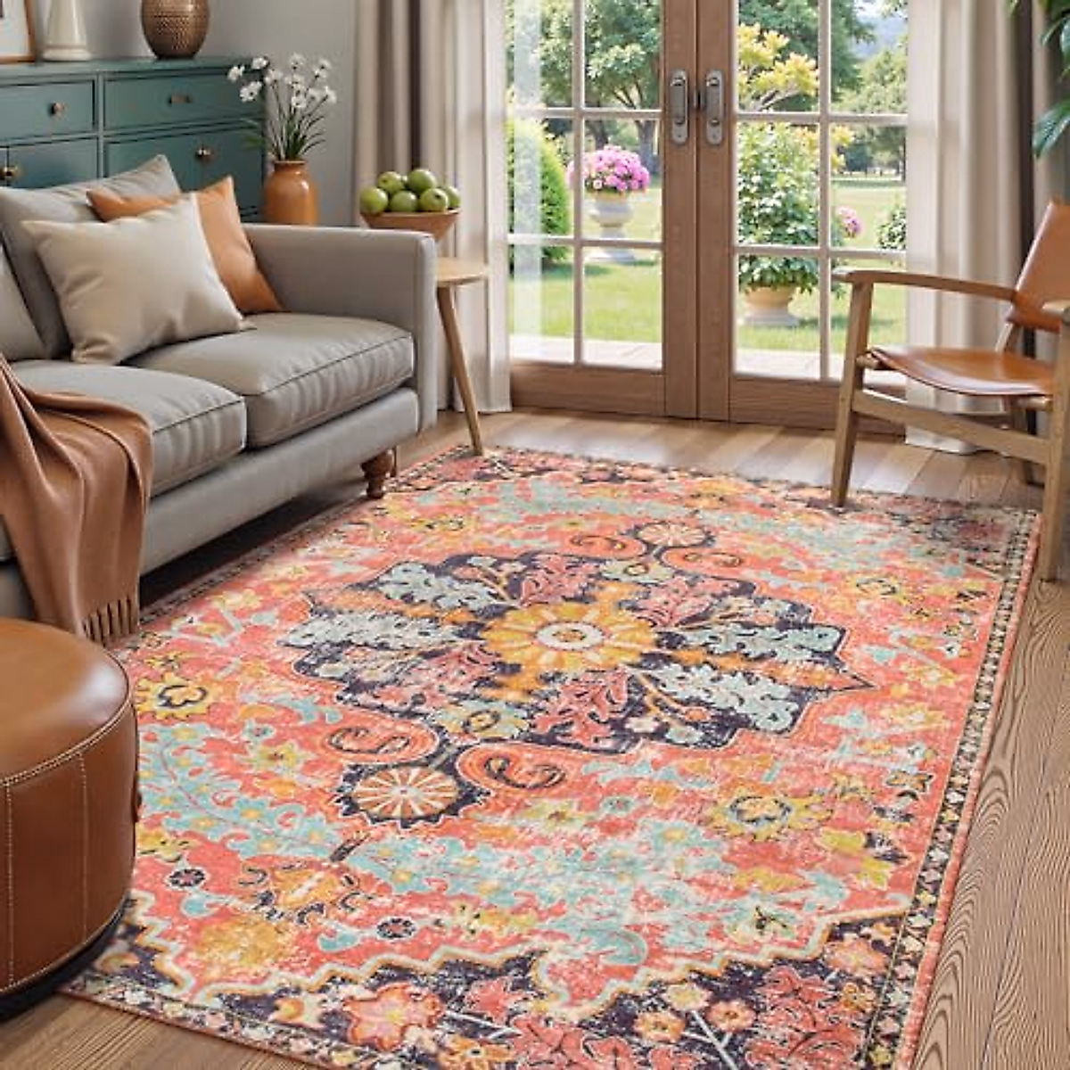 Lahome 5x7 Boho Living Room Rug Colorful Bedroom Rug, Large Bohemian Nursery Rug, Hot Pink Non-Slip Machine Washable Soft Playroom Mat Indoor Floor Accent Carpet for Dining Table Mud Room