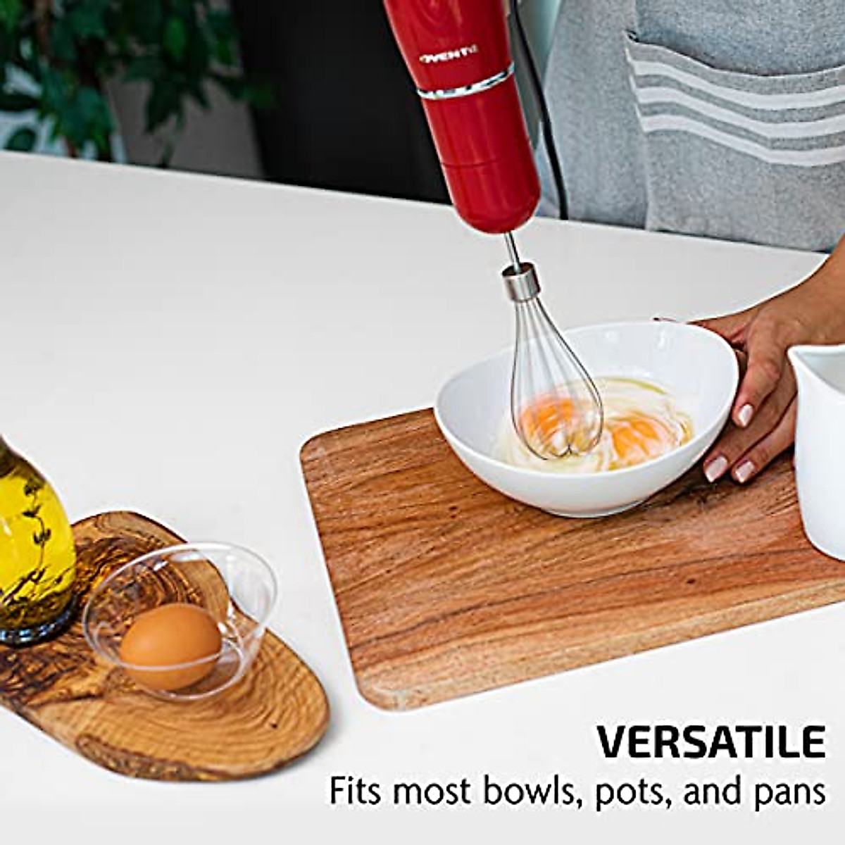 OVENTE Immersion Electric Hand Blender 300 Watt Power 2 Mix Speed with Stainless Steel Blades, Handheld Stick Mixer Set with Egg Whisk Attachment Mixing Beaker and BPA-Free Food Chopper, Red HS565R