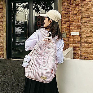 Qyrno Plaid Backpack Kawaii Backpack with Cute Accessories Cute Backpack Aesthetic Backpack DIY Backpack (1-Pink)
