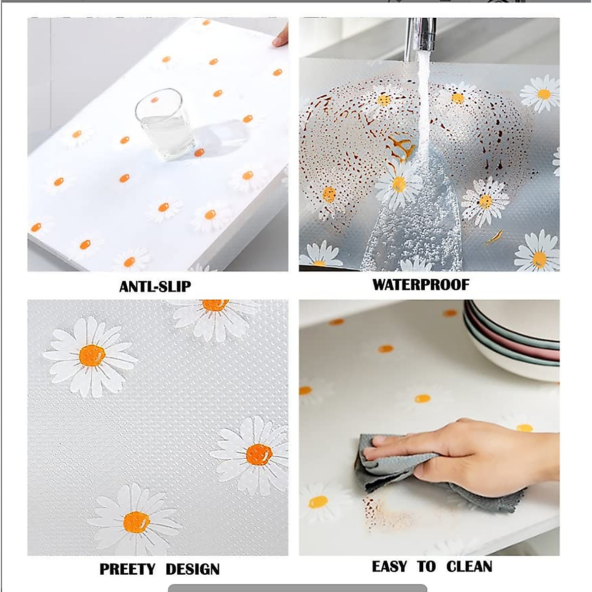 Daisy Flower Flower Shelf Liner for Kitchen Cabinets Non-Adhesive Drawer Liner Non-Slip Refrigerator Liner Waterproof Fridge Pad Cupboard Mat Easy Placemats, 11.8"X59"