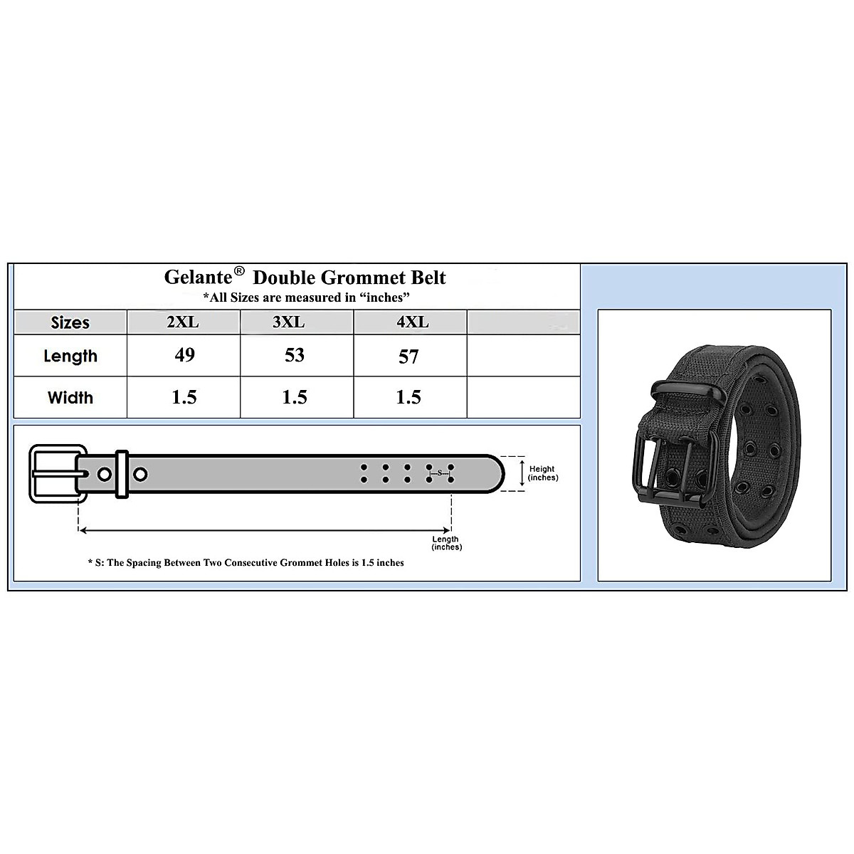 Gelante Canvas Double Grommet Hole Belt 12 Colors Black Large