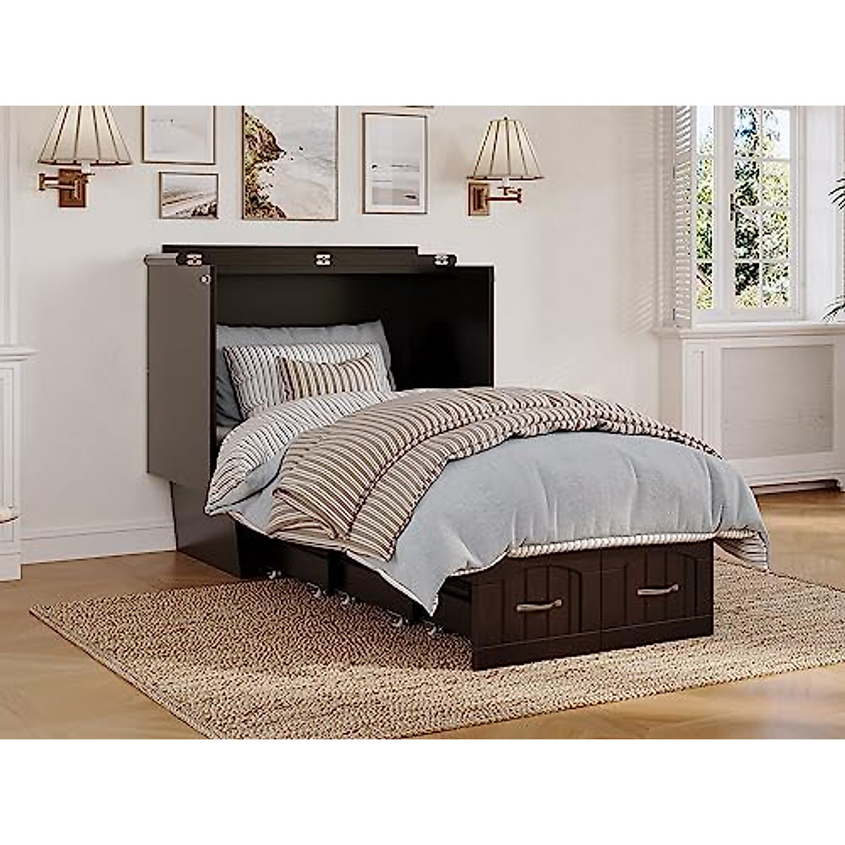 AFI, Nantucket Twin Murphy Bed Chest with Mattress, Storage Drawer and Built-In USB Charger, Espresso
