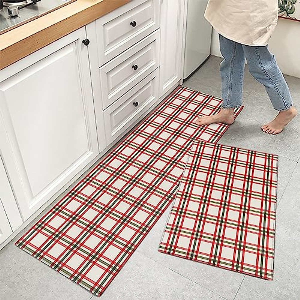 Miaklek Christmas Farmhouse Lattice Kitchen Mats for Floor Anti Fatigue Mats for Kitchen Floor Kitchen Rugs Cushioned Mats Non Slip Comfort Standing Kitchen Rugs Set of 2, Red and Green Plaid