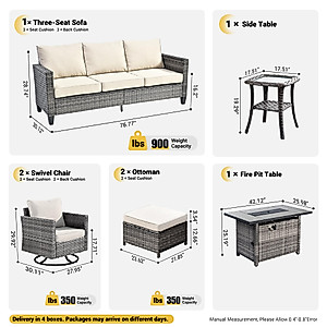 ovios 7 Pieces Patio Furniture Set with Rectangular Fire Pit Table, Swivel Rocking Chairs, Outdoor High Back Wicker Rattan Conversation Set for Deck Porch, Beige