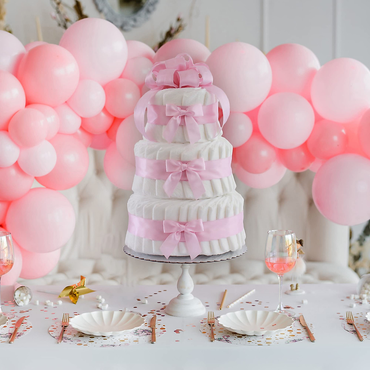 Classic Pastel Baby Shower Diaper Cake (3 Tier, Pink)
