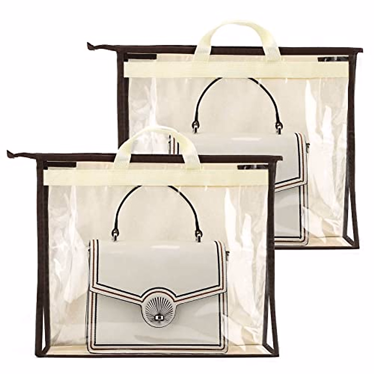 Handbag Storage Organizer 2 Pack Dust Cover Bag Transparent Anti-dust Storage Purse Organizer for Closet and Wall Shelf, with Zipper and Handle Space-saving Storage Handbag Organizer (Beige)
