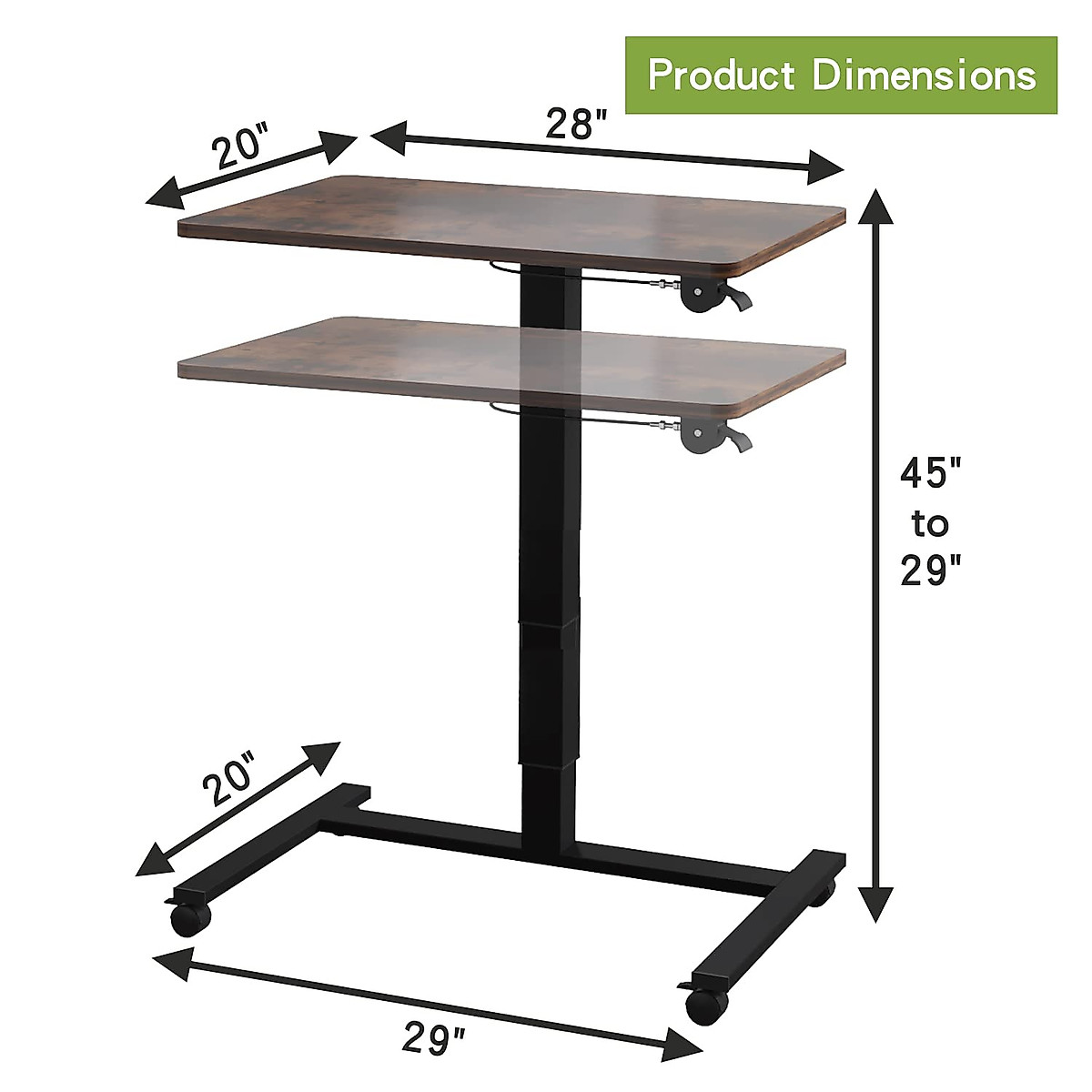 Mobile Standing Desk Height Adjustable Sit to Stand Table, 28 x 20'' Pneumatic Laptop Desk with Gas Spring Riser, Overbed Table with Lockable Wheels for Offices, Home, Medical (Rustic Brown)