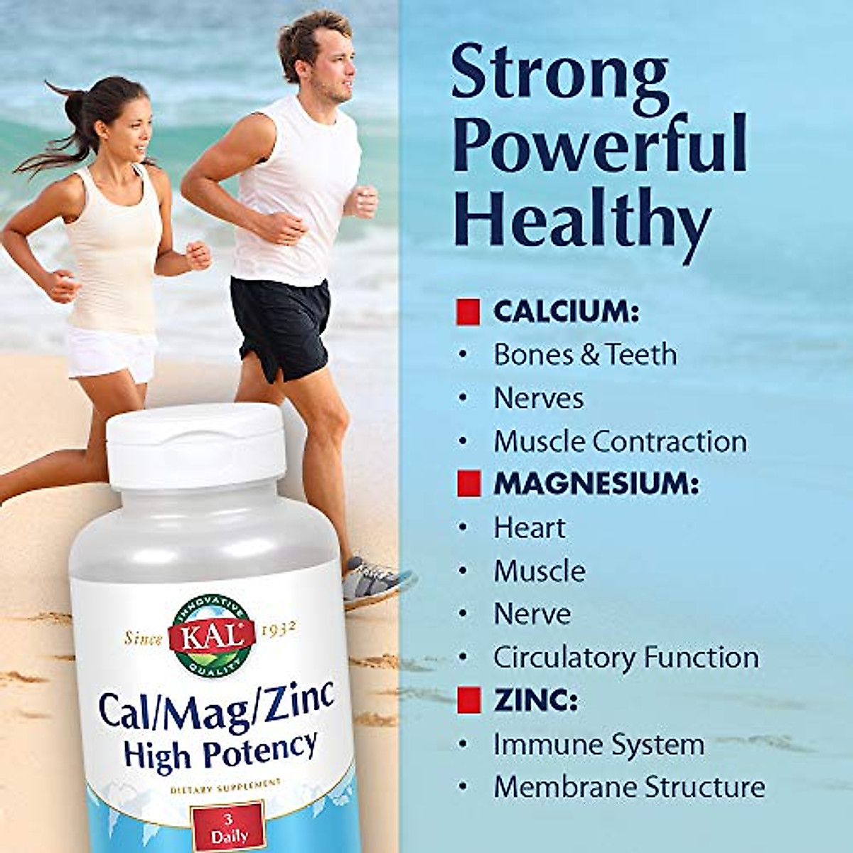 KAL Cal/Mag/Zinc | 1000mg Calcium, 400mg Magnesium & 15mg Zinc | Bone, Muscle, Heart & Immune Support | 100ct, 33 Serv