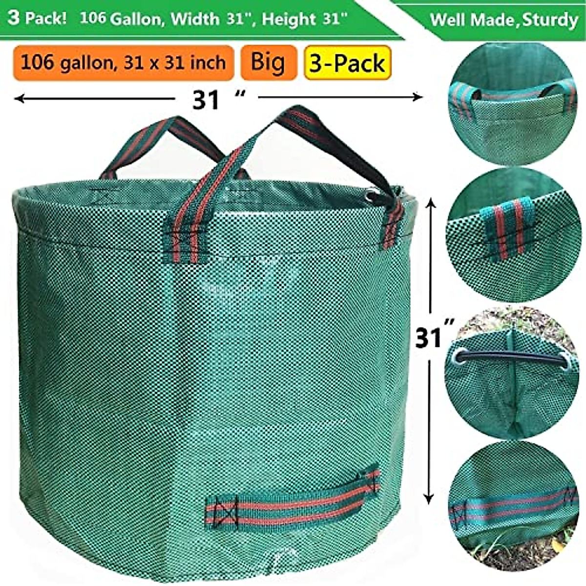 Professional 3-Pack 106 Gallons Lawn Garden Bags (D31, H31 inches) Reusable Yard Leaf Waste Bags with Coated Gardening Gloves - Storage Bag,Patio Bag,Laundry Container,Trash Can with 4 Handles