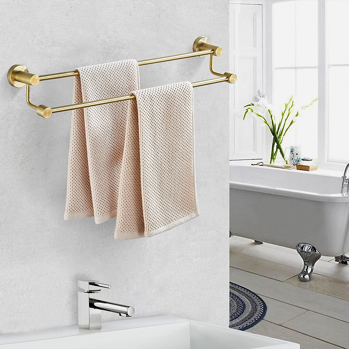 BATHSIR Brushed Gold Towel Rack, 24 Inch Double Towel Bar Wall Mounted Bathroom Towel Holder Hanger Stainless Steel