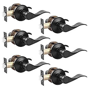 Probrico (6 Pack Passage Door Lever [Non-Locking Lever Set], Non-Locking Door Handle Set for Hallway or Closets, Keyless Black Finish Wave Door Lock, Reversible Right & Left Side Handed