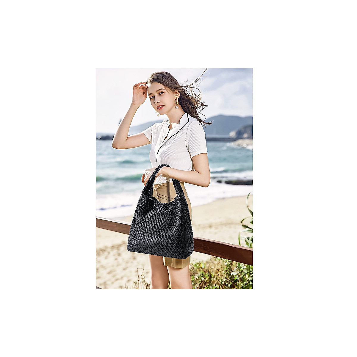 Fashion Woven Purse for Women Top-handle Shoulder Bag Soft Summer Hobo Tote Bag (Black)