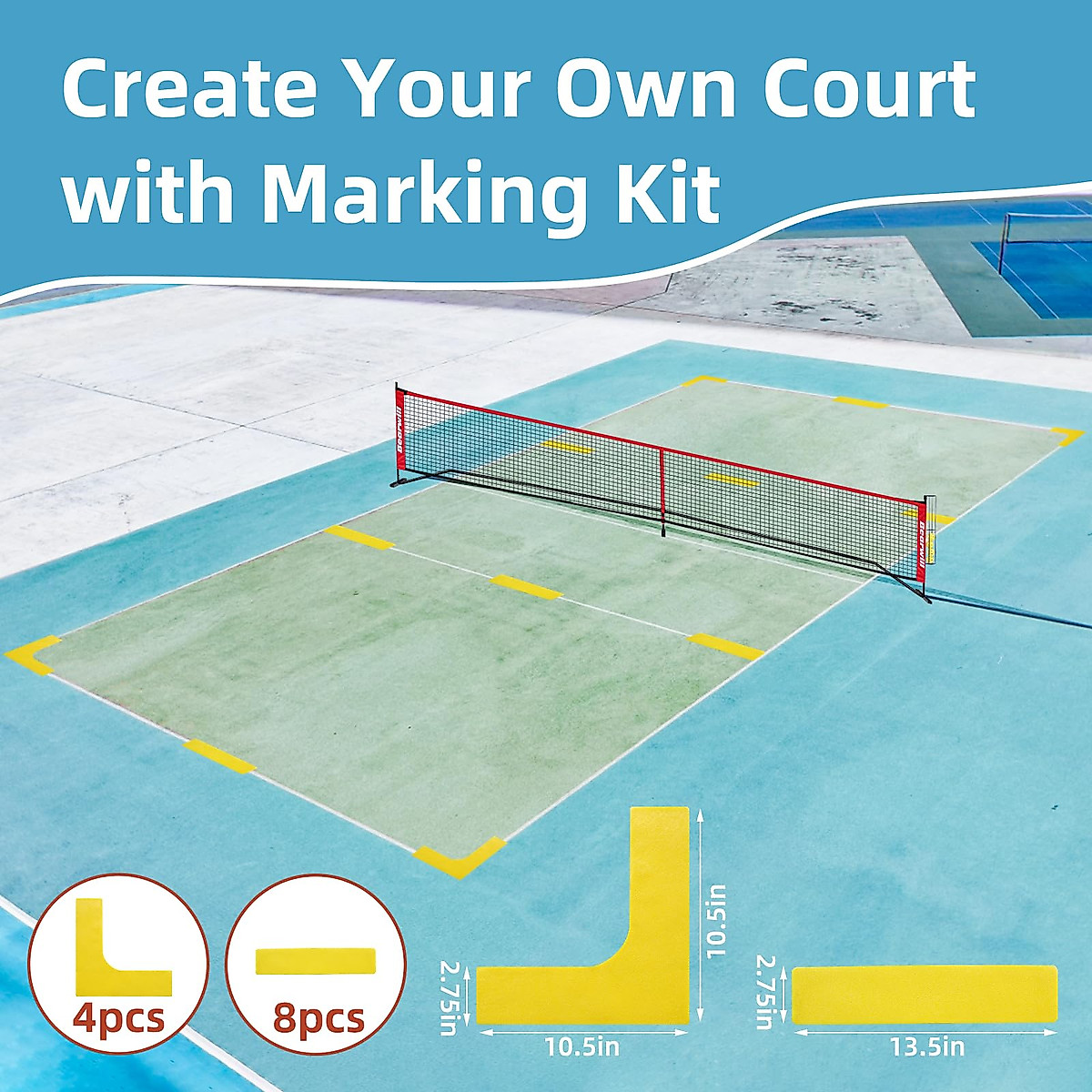 Bearwill Pickleball Net, 22 FT Pickleball Net for Driveway, Regulation Size Portable Pickle Ball Net for Outdoor Backyard, Steady Metal Frame with Court Marker, Ball Holder, 4 Pickleballs & Carry Bag