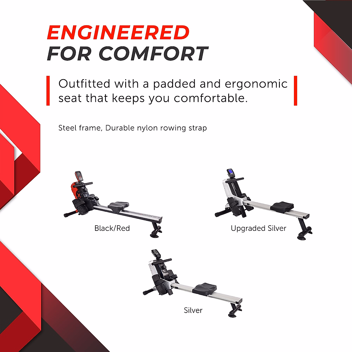 Stamina X Magnetic Rower 1102 - Rower Machine with Smart Workout App - Rowing Machine with Magnetic Resistance for Home Gym Fitness - Up to 250 lbs Weight Capacity - Black/Red