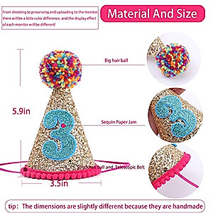 Baby's Cone Hat for 3rd Birthday Celebration - Colored Fur Balls Glitter Crown Cap with Handmade Details for Girls/Boys